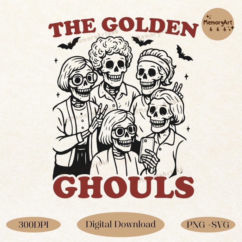 Retro Funny Spooky Golden Ghouls Halloween Friends Skeleton PNG SVG ...