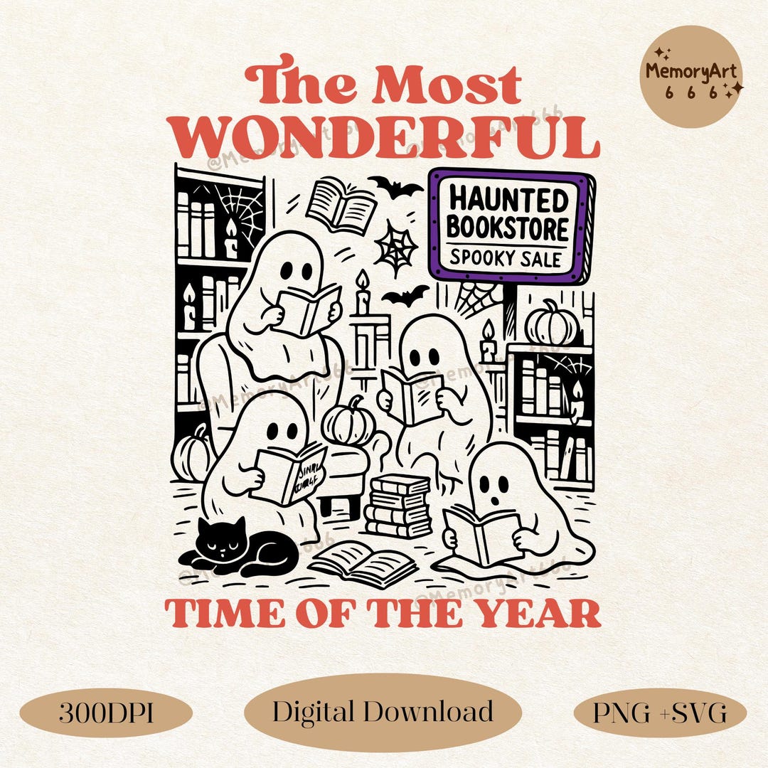 Haunted Bookstore, Retro Spooky Bookish Halloween Ghost Read Book PNG ...