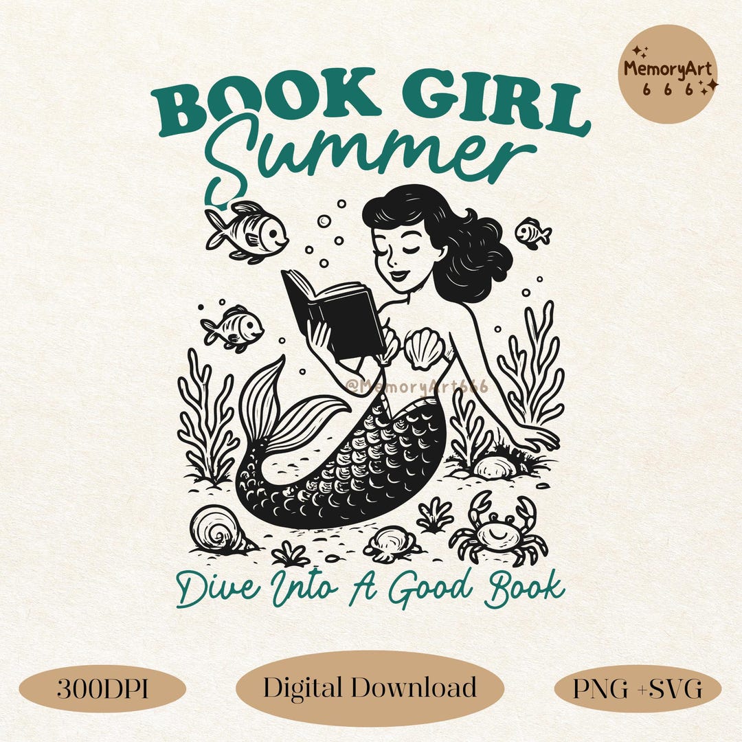 Book Girl Summer SVG PNG: Retro Summer Bookworm Mermaid Sublimation ...