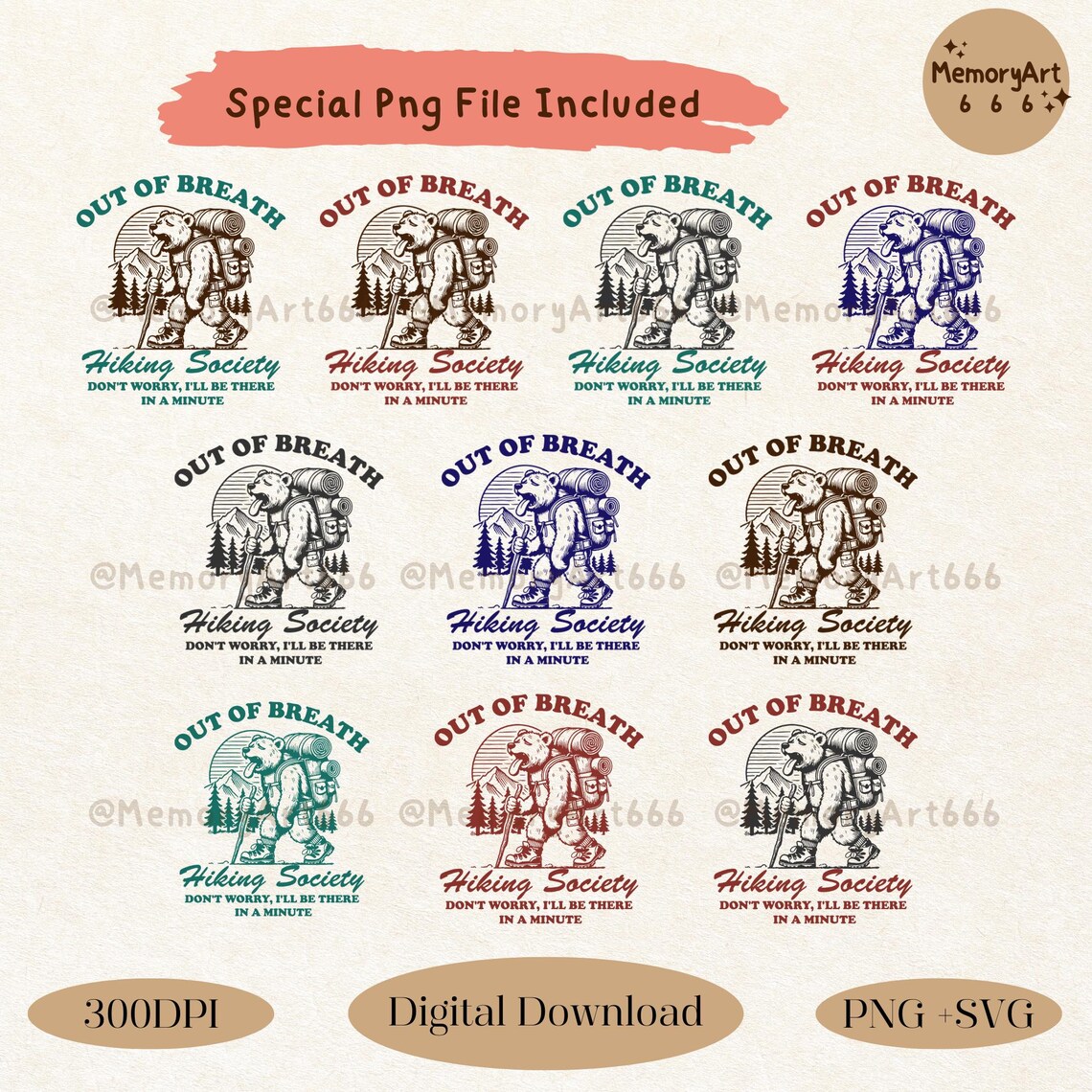 Funny Hiking Bear SVG PNG: Out of Breath Society (digital Download) - Etsy