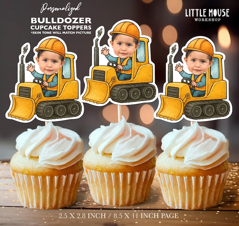Bulldozer Personalized Birthday Party Face Cupcake Toppers | Custom ...