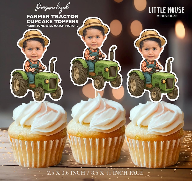 Farmer on a Tractor Personalized Birthday Party Face Cupcake Toppers ...