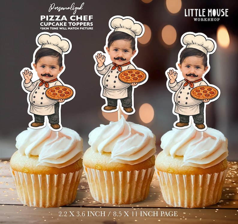 Pizza Chef Pizza Party Personalized Face Cupcake Toppers - Etsy