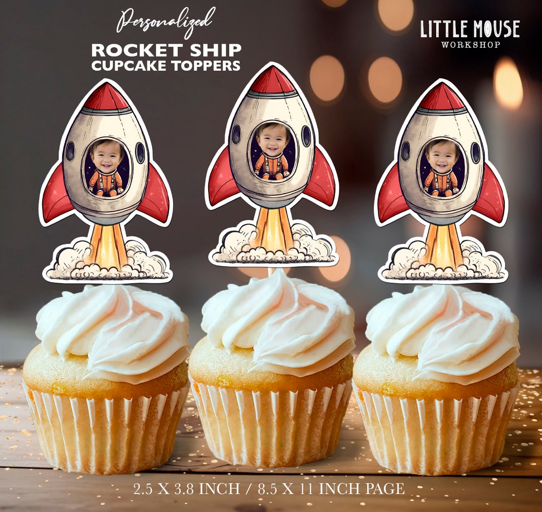 Outer Space Rocket Ship Personalized Face Cupcake Toppers - Etsy
