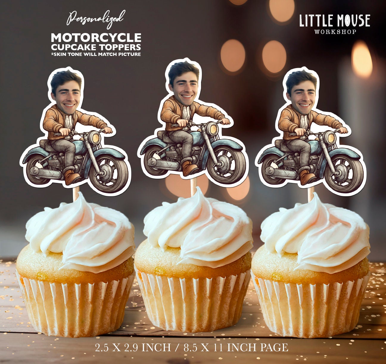 Motorcycle Personalized Face Cupcake Toppers - Etsy
