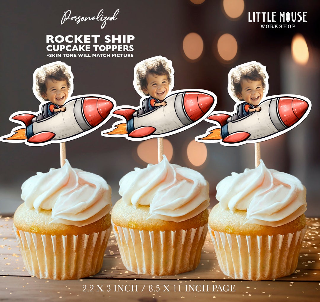 Outer Space Rocket Ship Personalized Face Cupcake Toppers - Etsy