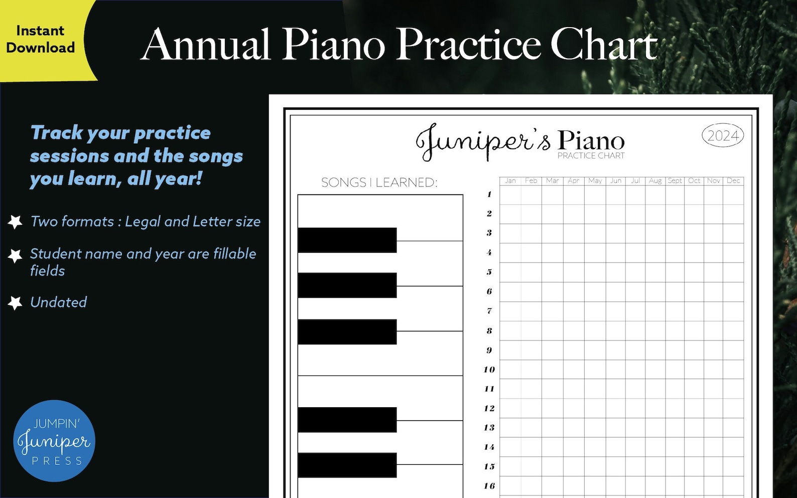 Piano Practice Chart Track Your Practice for the Entire Year Instant ...