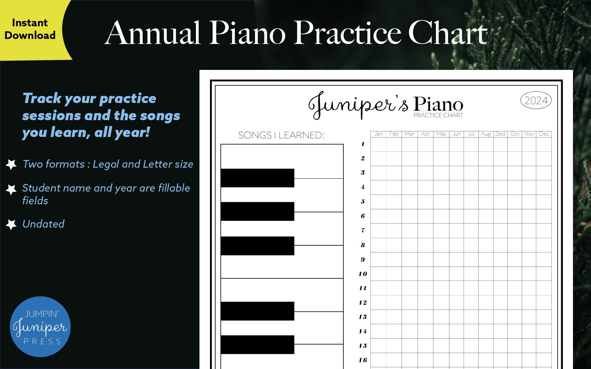 Piano Practice Chart Track Your Practice for the Entire Year Instant ...