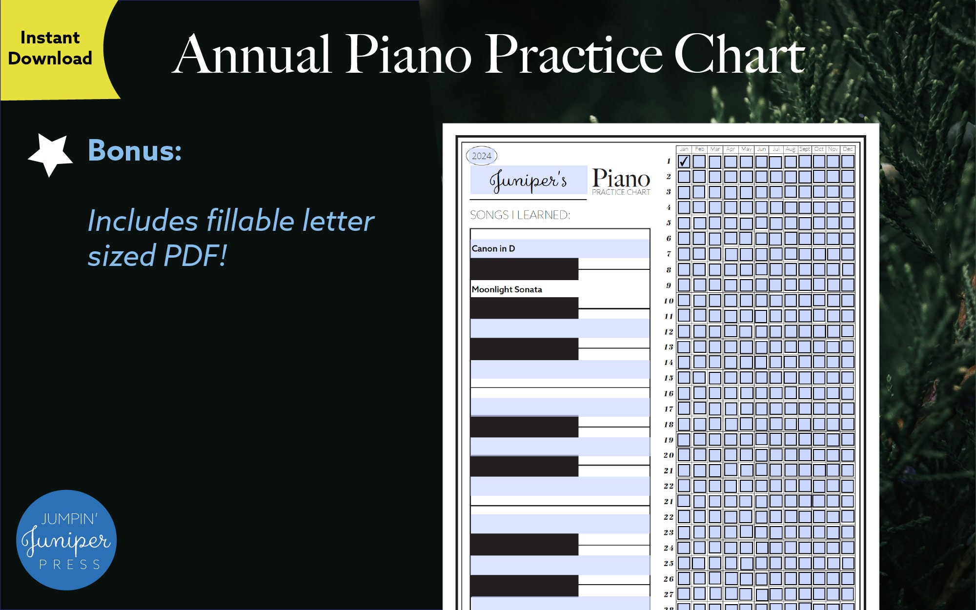 Piano Practice Chart Track Your Practice for the Entire Year Instant ...