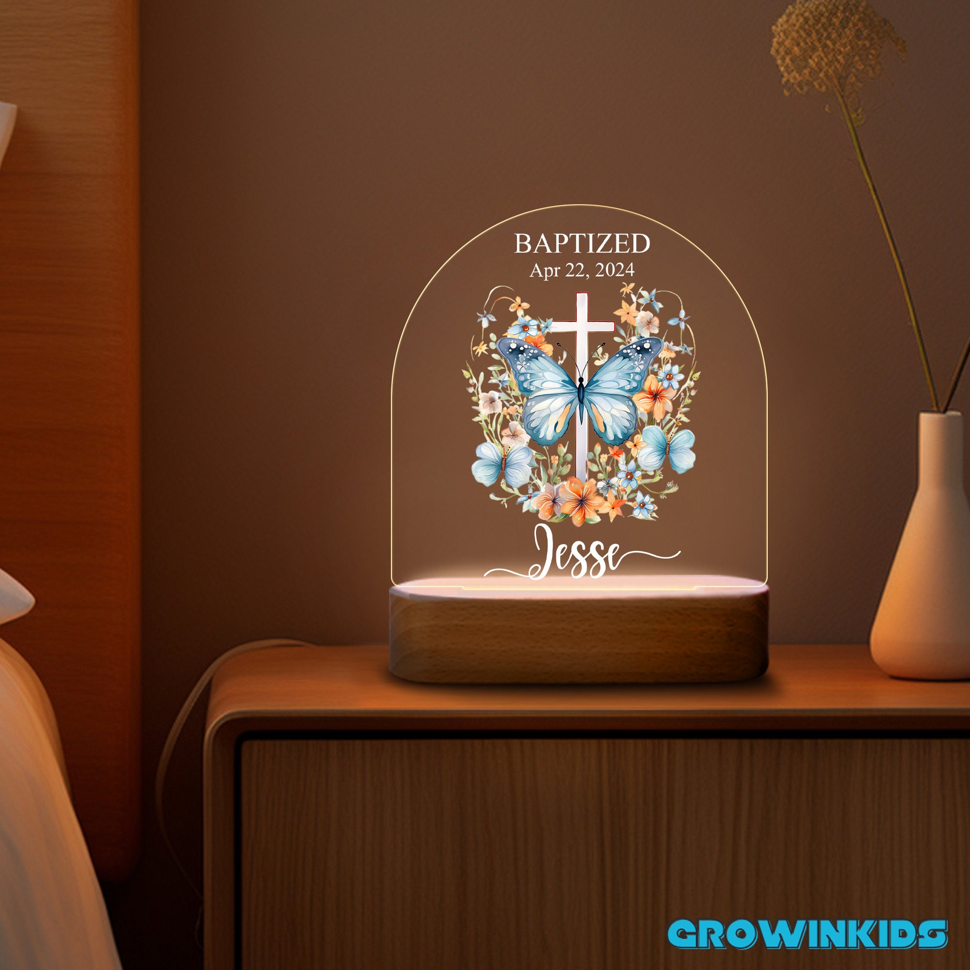 Baptism With Cross and Flower, Butterfly Night Light, Christening Gifts ...
