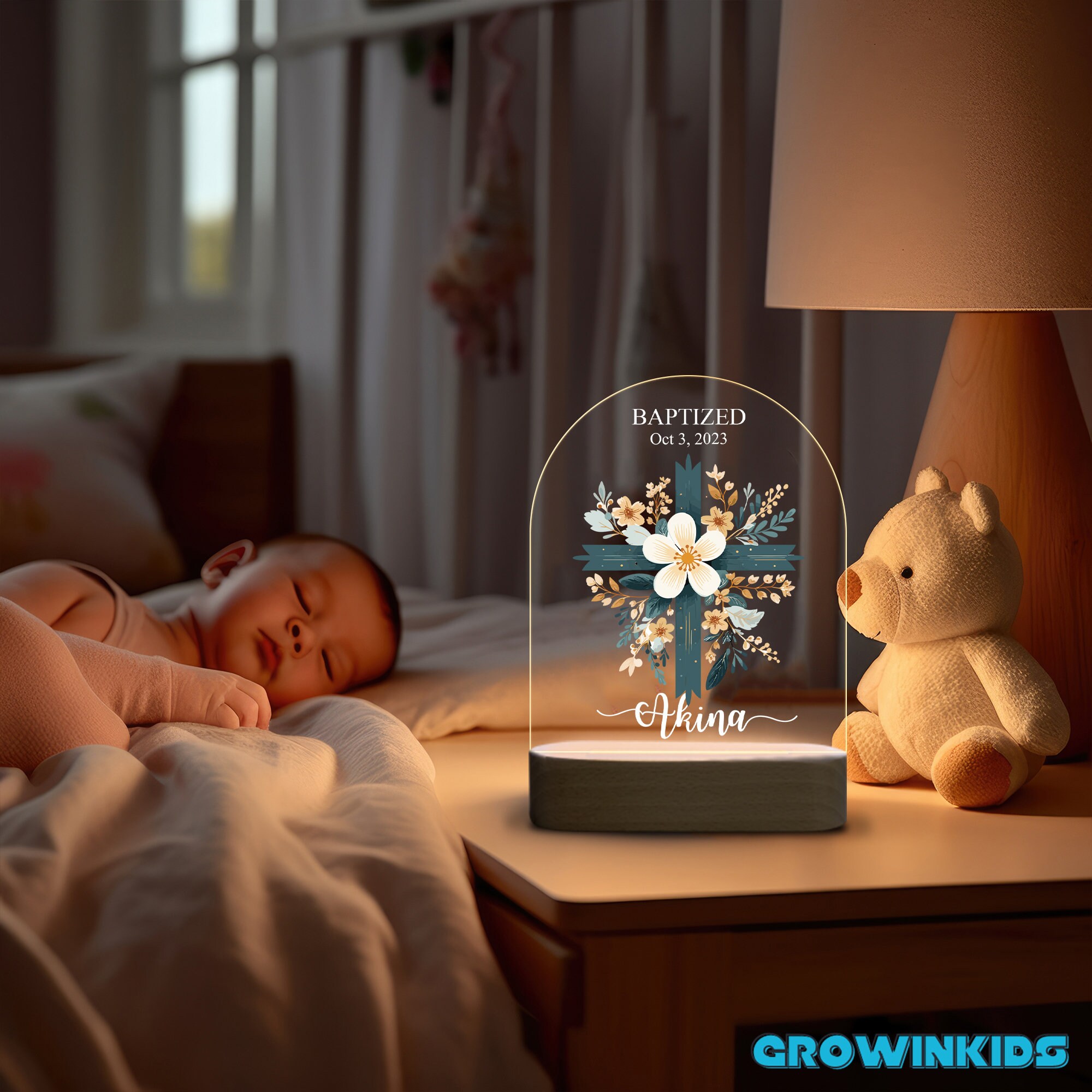 Baptism With Cross and Flower Night Light, Night Light for Kids, Baby ...