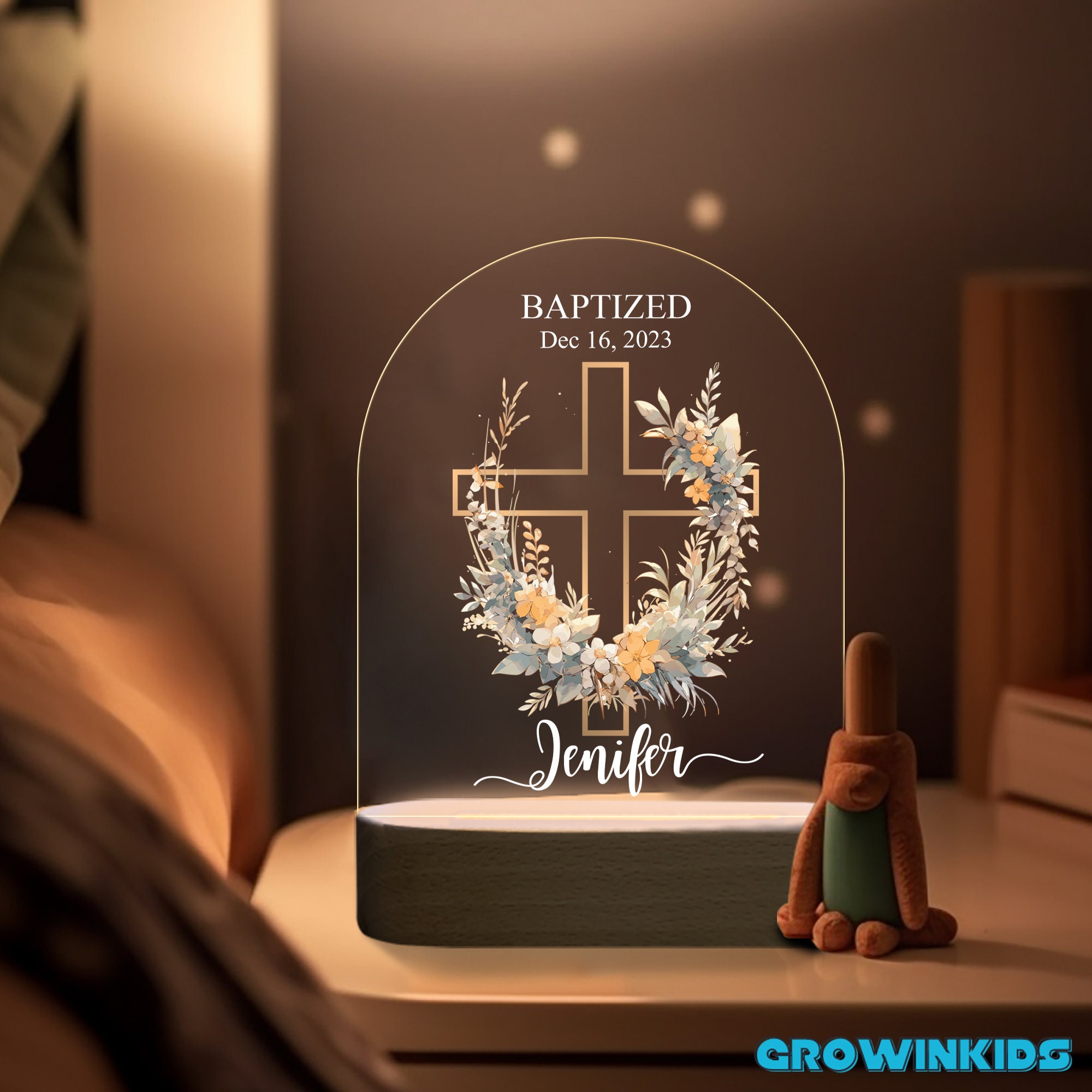 Baptism With Cross and Flower Night Light, Night Light for Kids, Baby ...