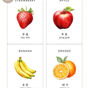 28 Fruit Bilingual Flashcards / English to Japanese, Chinese, Korean ...