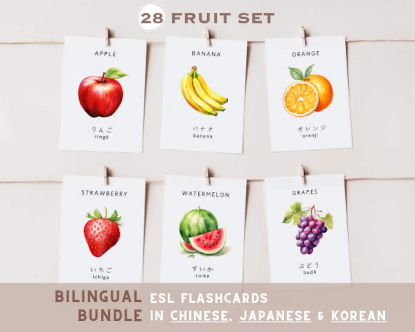 28 Fruit Bilingual Flashcards / English to Japanese, Chinese, Korean ...