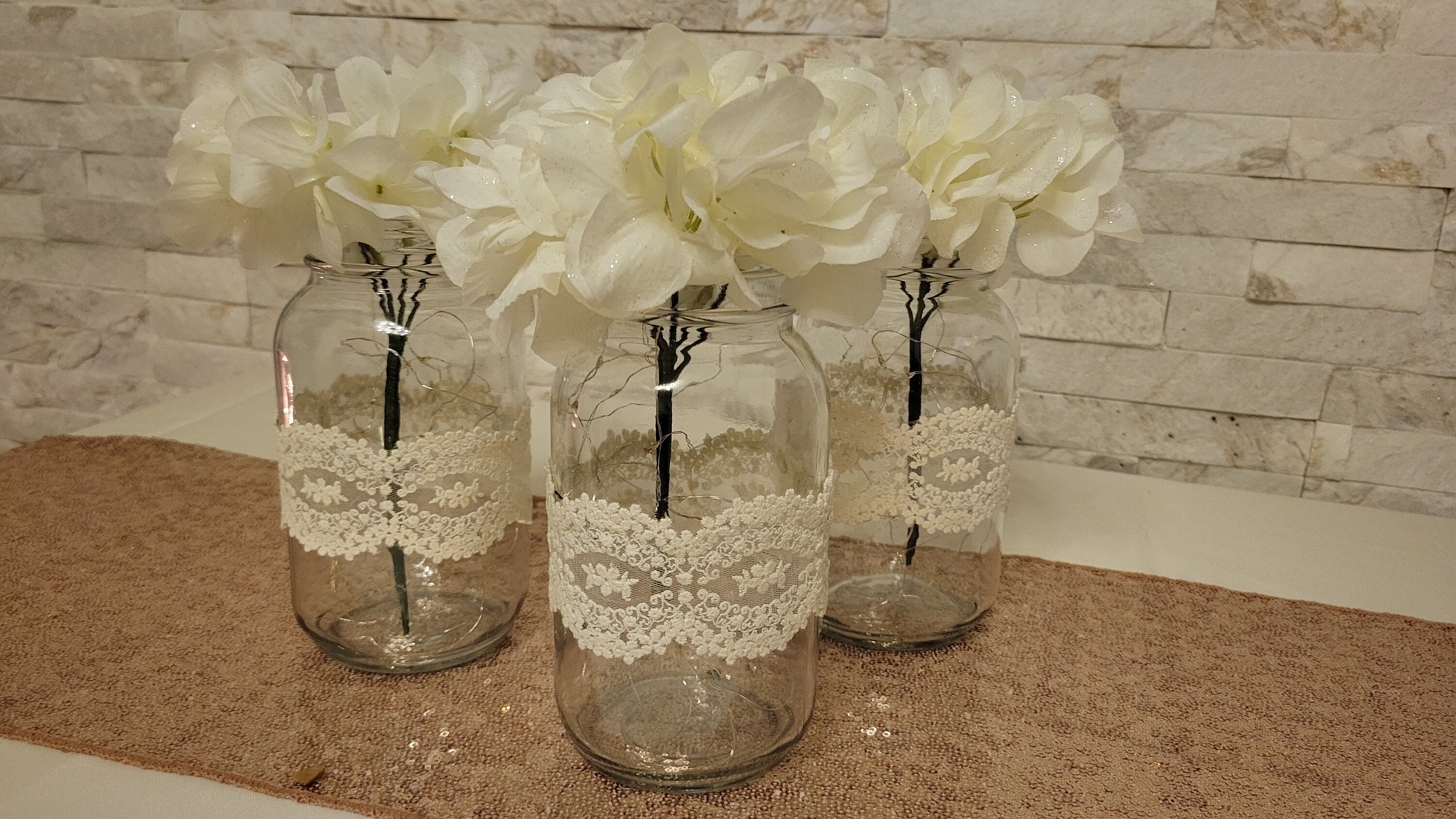 Lace Wrapped Lighted Jar Centerpiece: Set of 3 Wedding Table Decor - Etsy