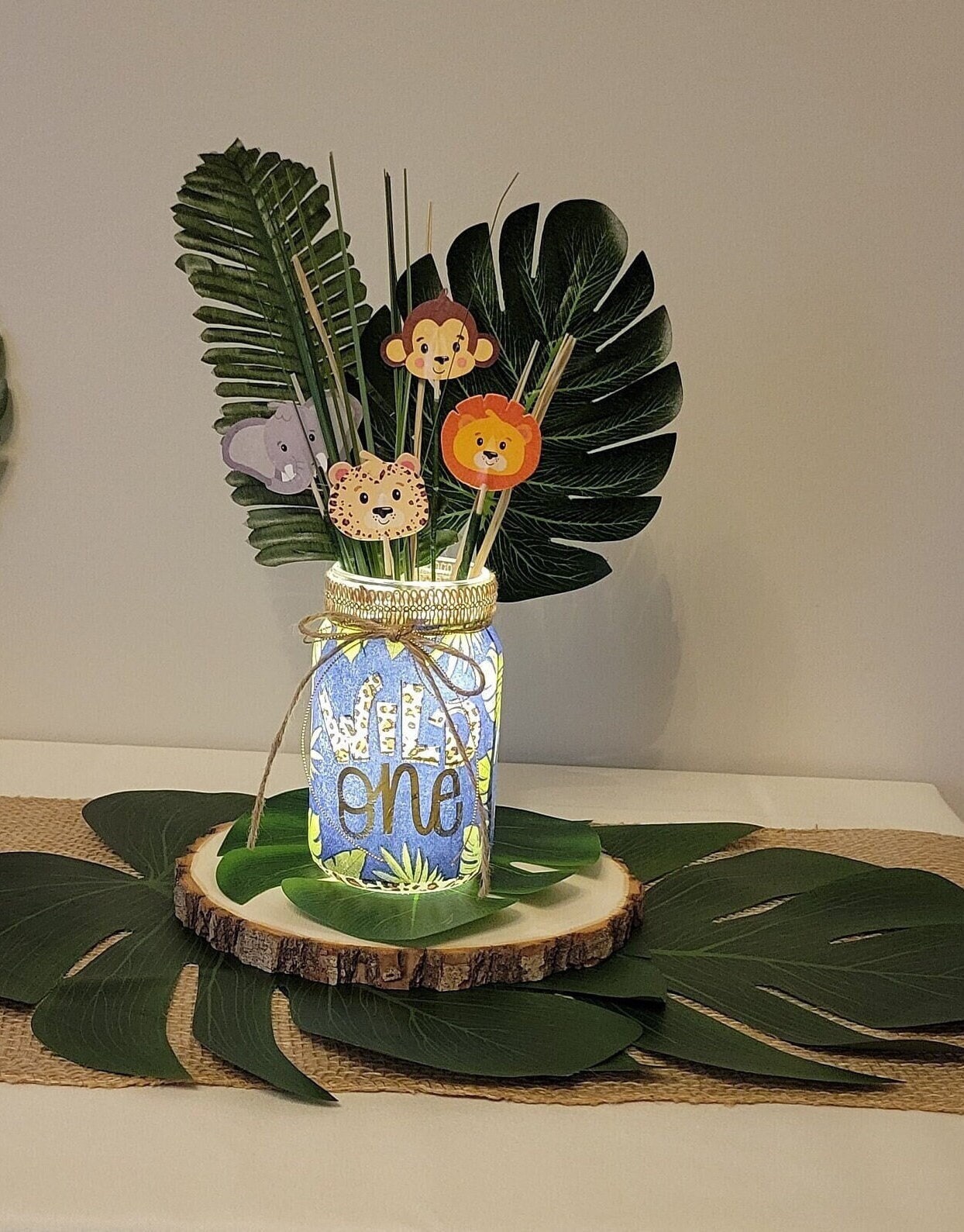 Safari Jungle "wild One" Centerpiece, Lighted Jar Decor, Baby Shower ...