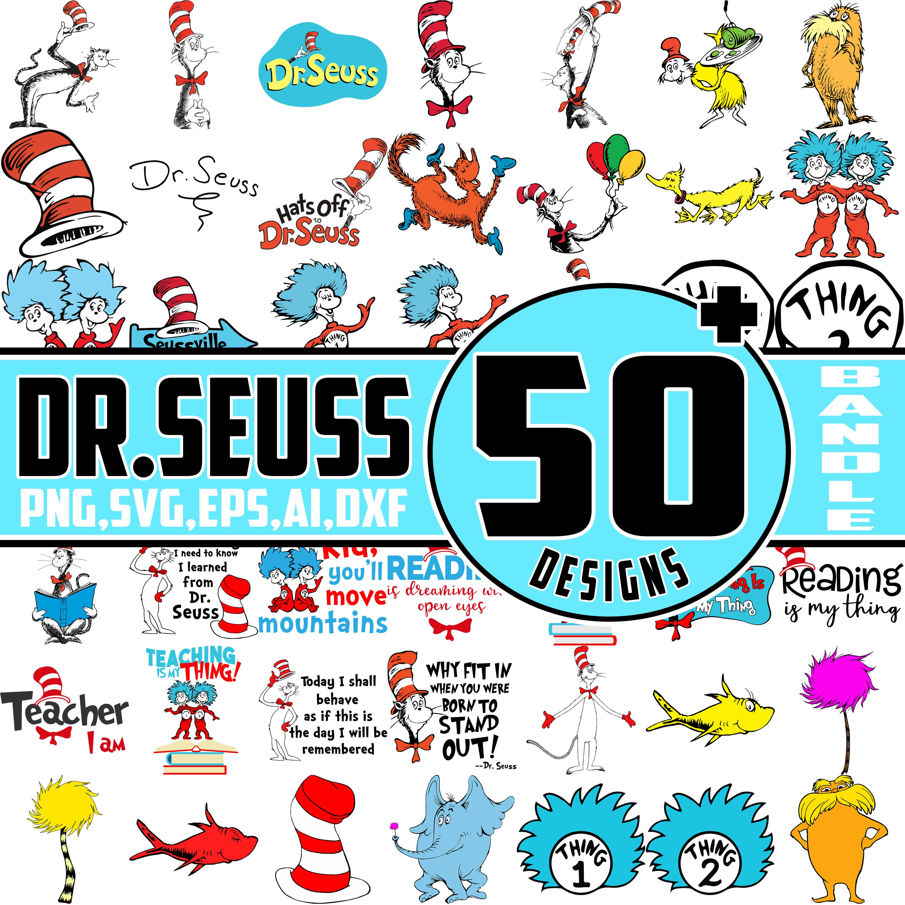 Dr. Seuss Quotes Svg Bundle, Dr Seuss Font, Dr Seuss for Teachers Svg ...