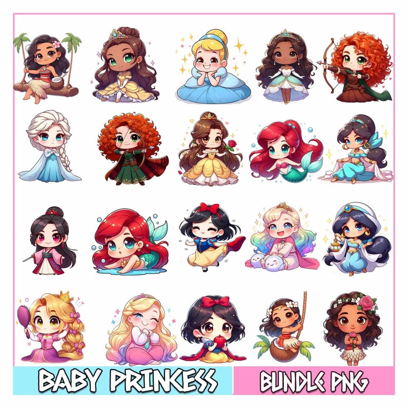 Chibi Princess Clipart PNG Bundle, Transparent Background PNG, Cute ...