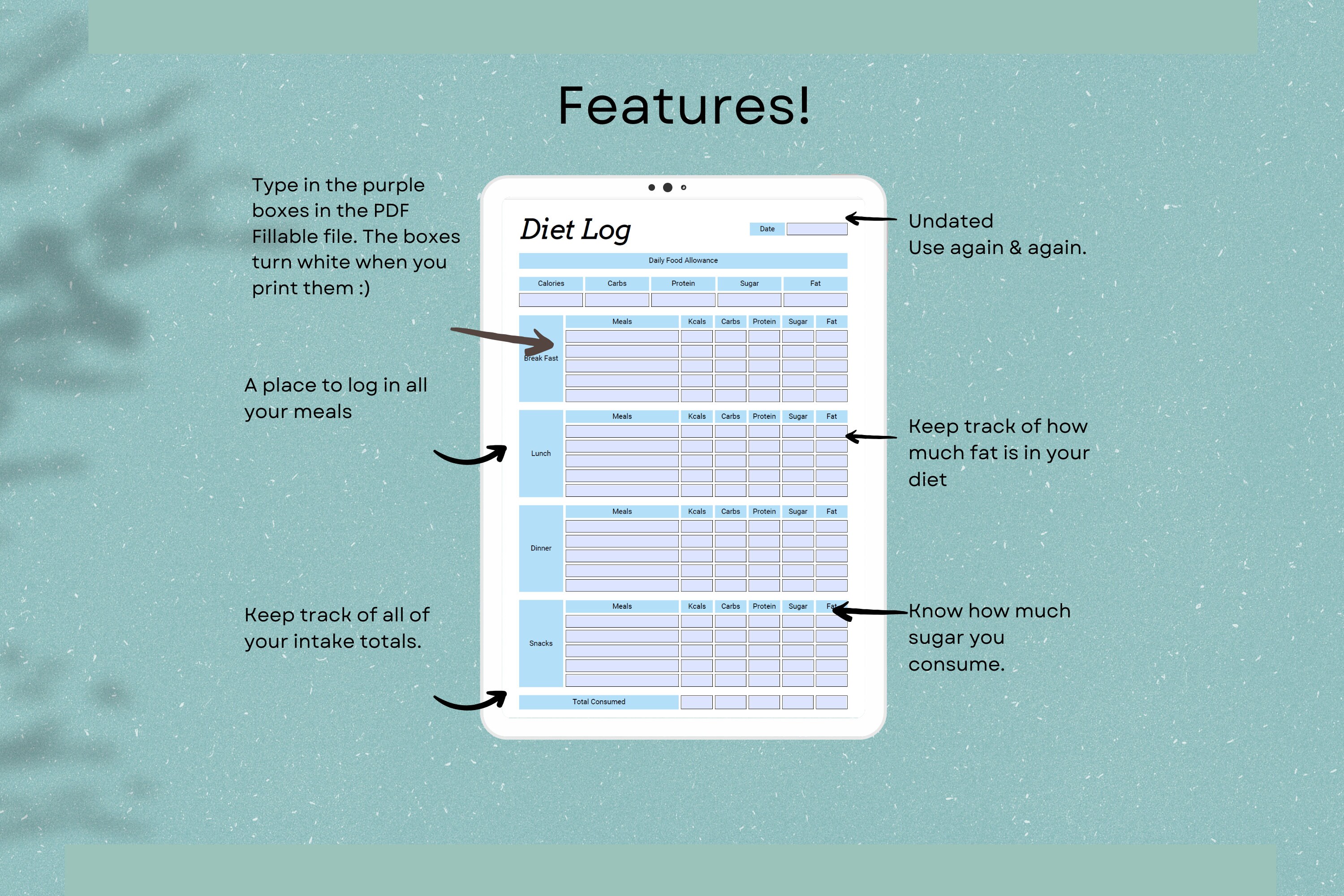 Printable Diet, Printable Food, Food Planner, Meal Tracker, Meal ...