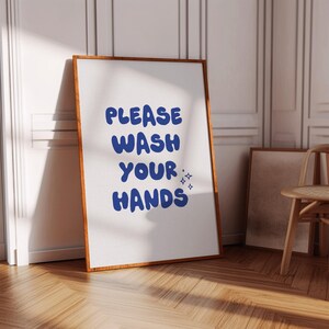 Please Wash Your Hands Sign Print Light Blue Aesthetic Bathroom Wall ...
