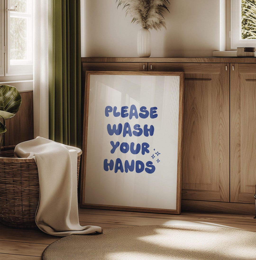 Please Wash Your Hands Sign Print Light Blue Aesthetic Bathroom Wall ...