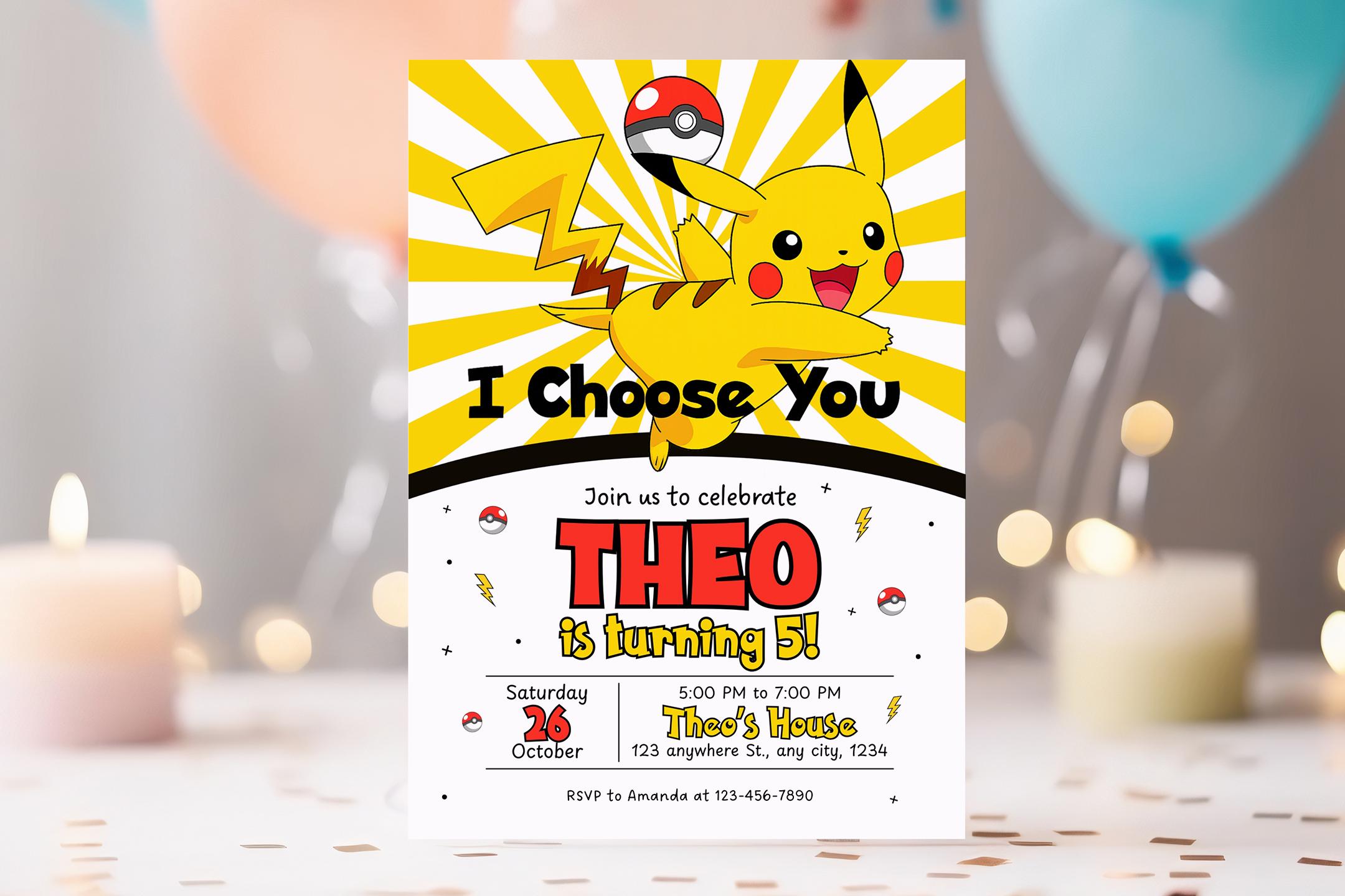 Pikachu, Pokemon Invitation, Pokemon Birthday, Pikachu Birthday, Cute ...