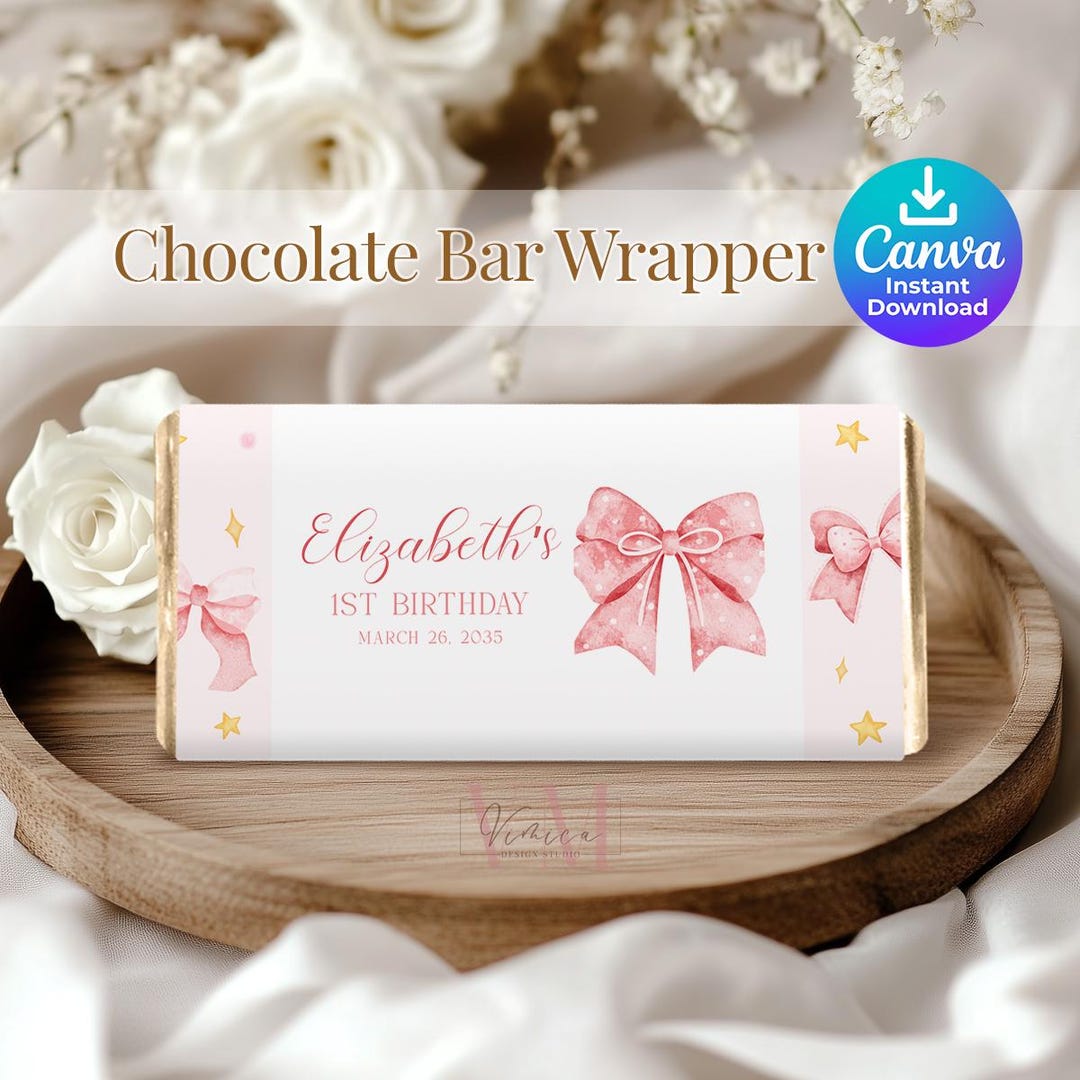 Pink Bow Chocolate Bar Wrapper 1st Birthday Chocolate Wrapper Template ...