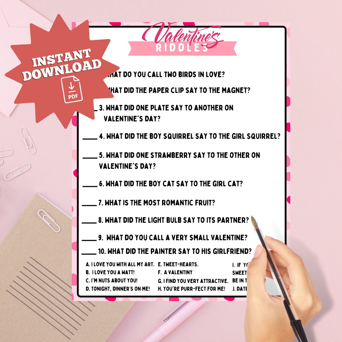 Valentine's Day Riddle Quiz Instant Download Activity Delightful, Love ...