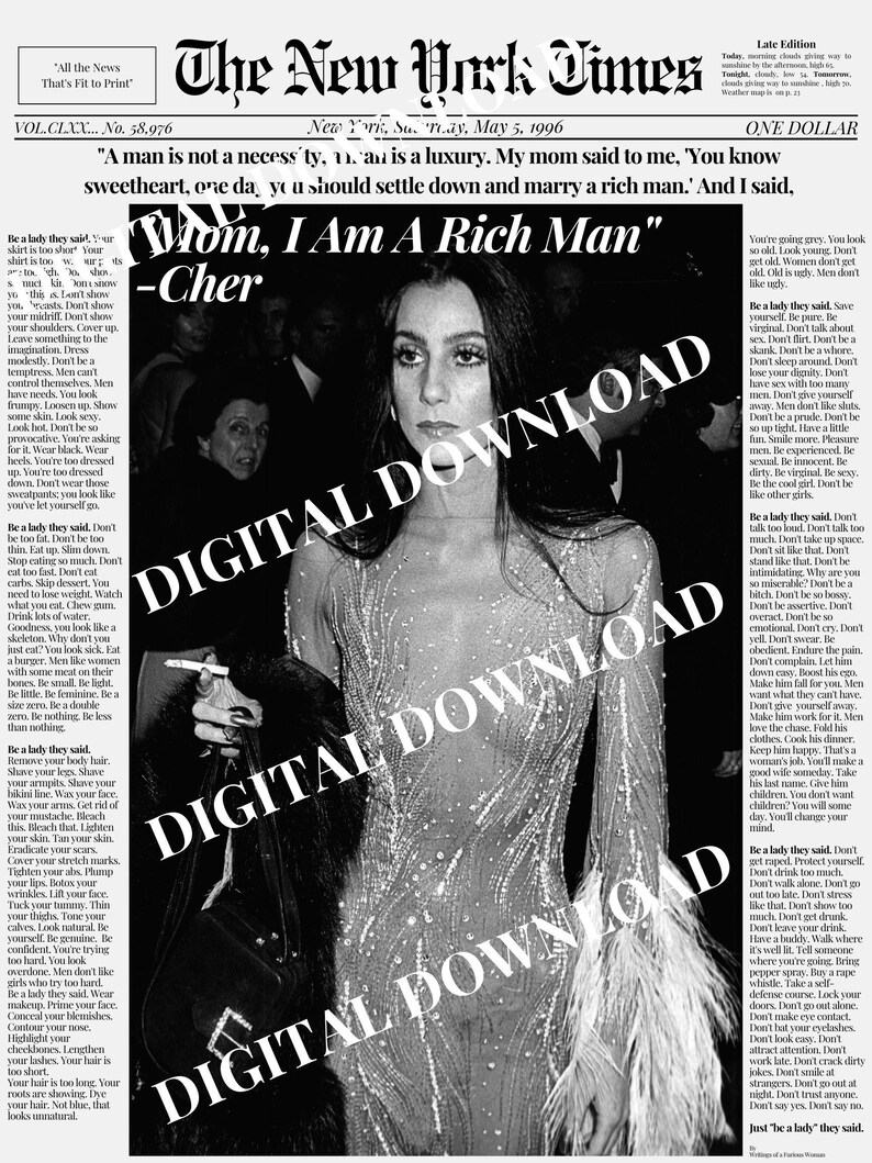 Cher 'rich Man' Newspaper Poster: Black & White NYT Style (digital Download) - Etsy