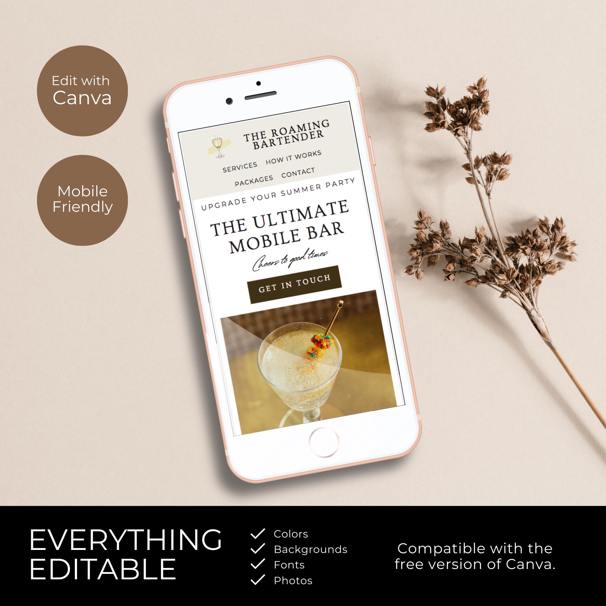 Mobile Bar Canva Website, Mobile Bartending Landing Page, DIY Sales ...