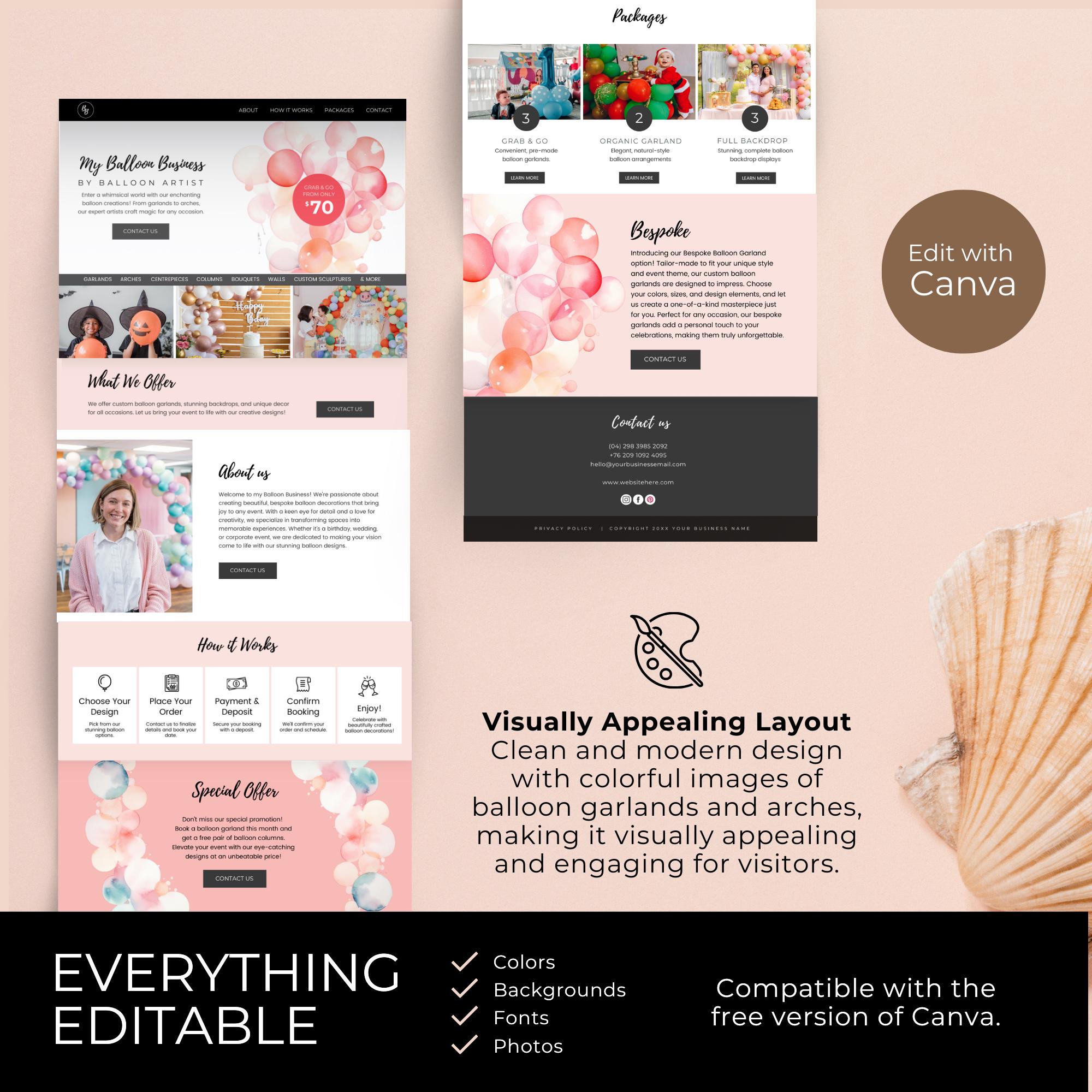 Balloon Artist Canva Website, Balloon Business Landing Page, DIY Sales ...