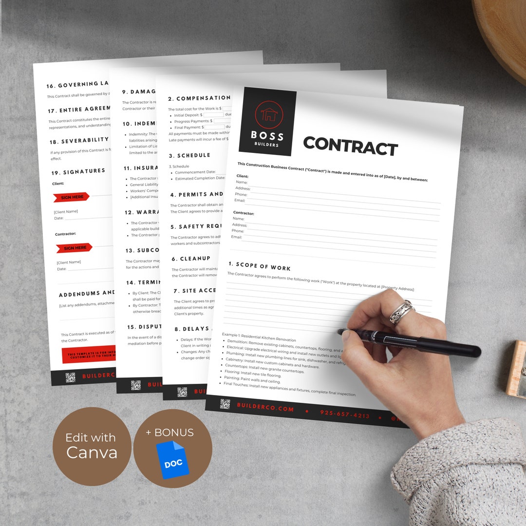 Construction Contract Canva Template, Small Business Contract Google ...