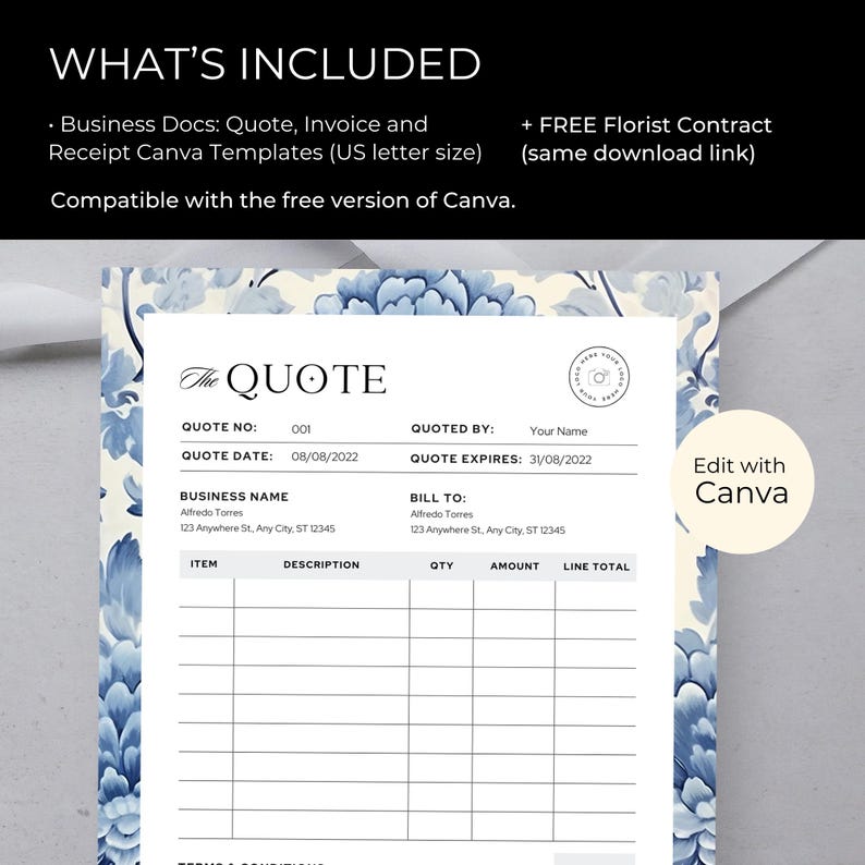 Wedding Florist Invoice Canva Template, Boutique Flower Shop Quotation ...