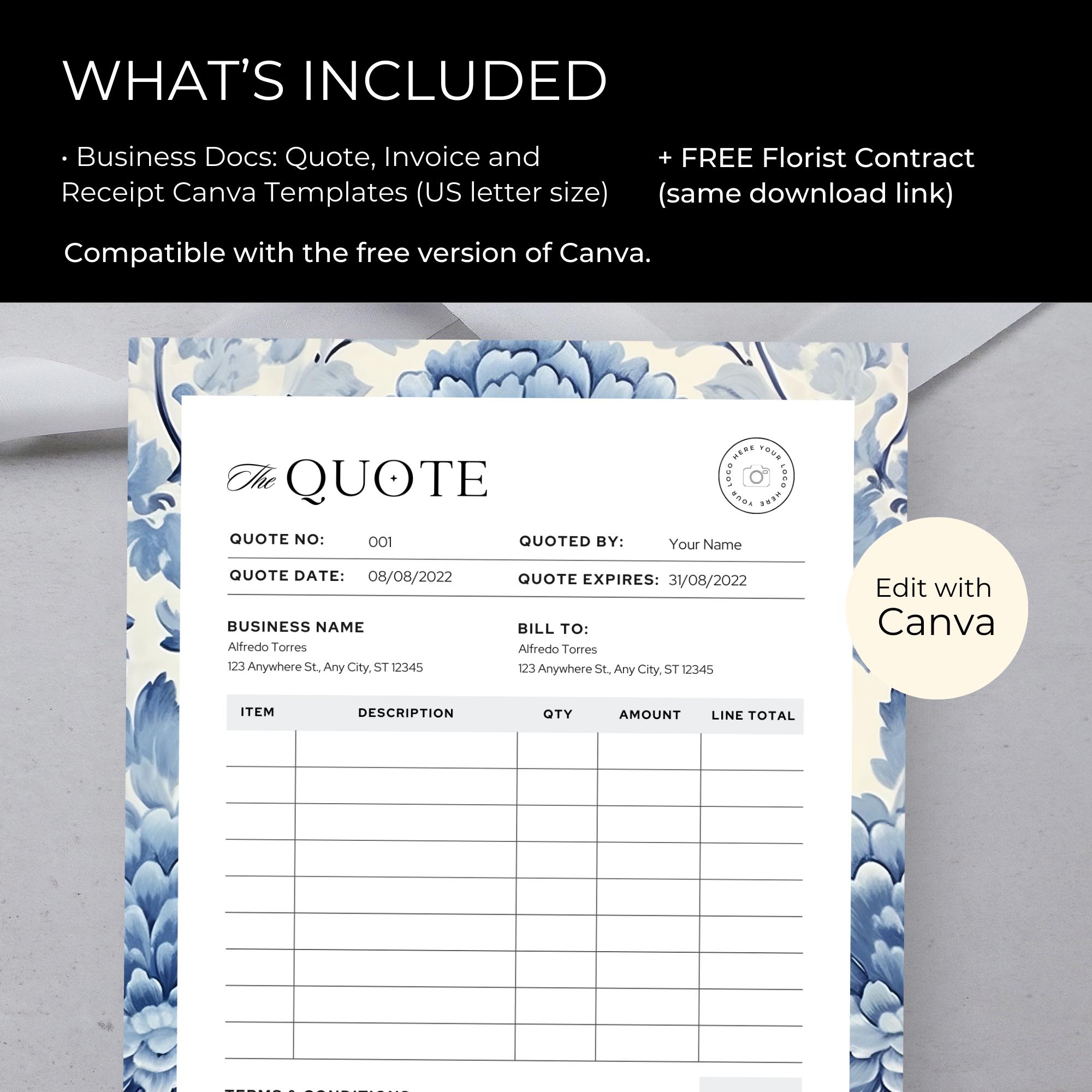 Wedding Florist Invoice Canva Template, Boutique Flower Shop Quotation ...