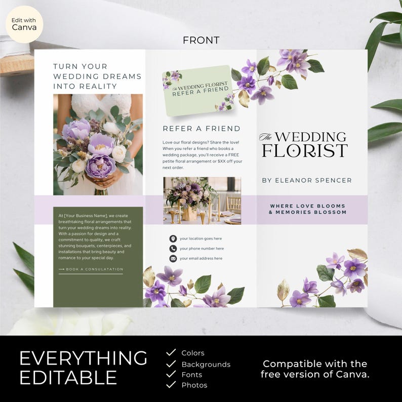 Wedding Florist Leaflet Canva Template, Boutique Flower Shop Trifold ...