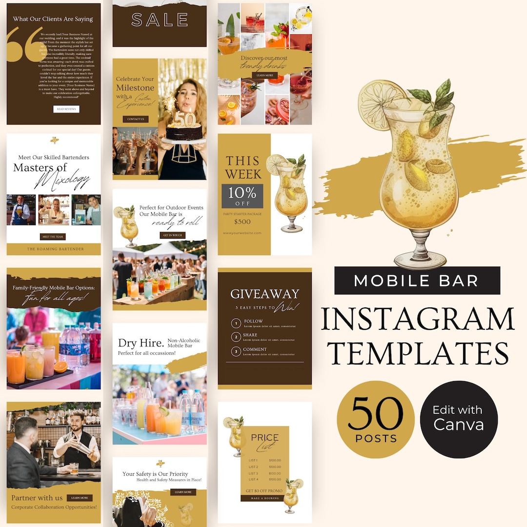 Mobile Bar Instagram Templates, Bartending Social Media Posts, DIY ...