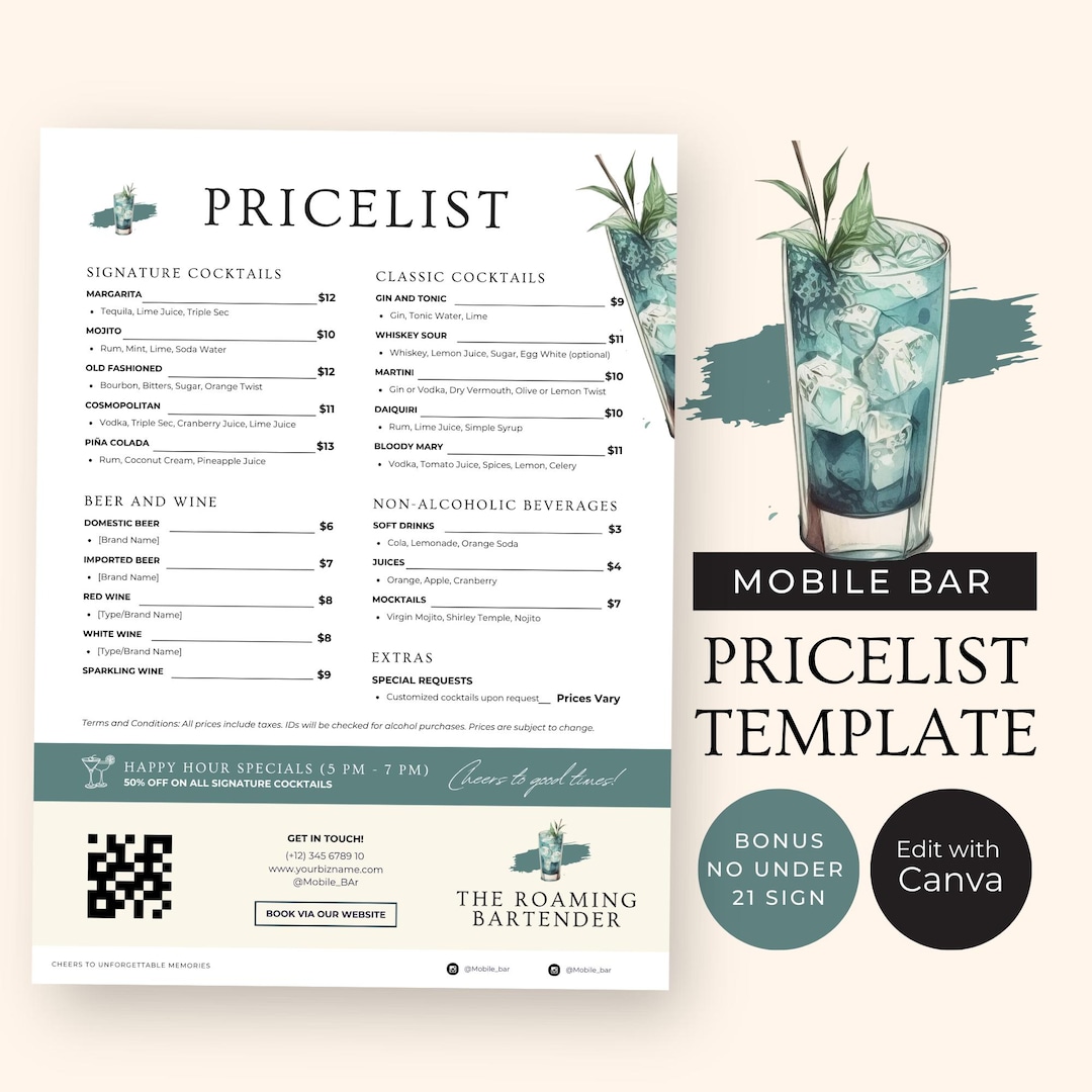 Mobile Bar Price List Template, Customizable Bar Menu, Cocktail Bar ...