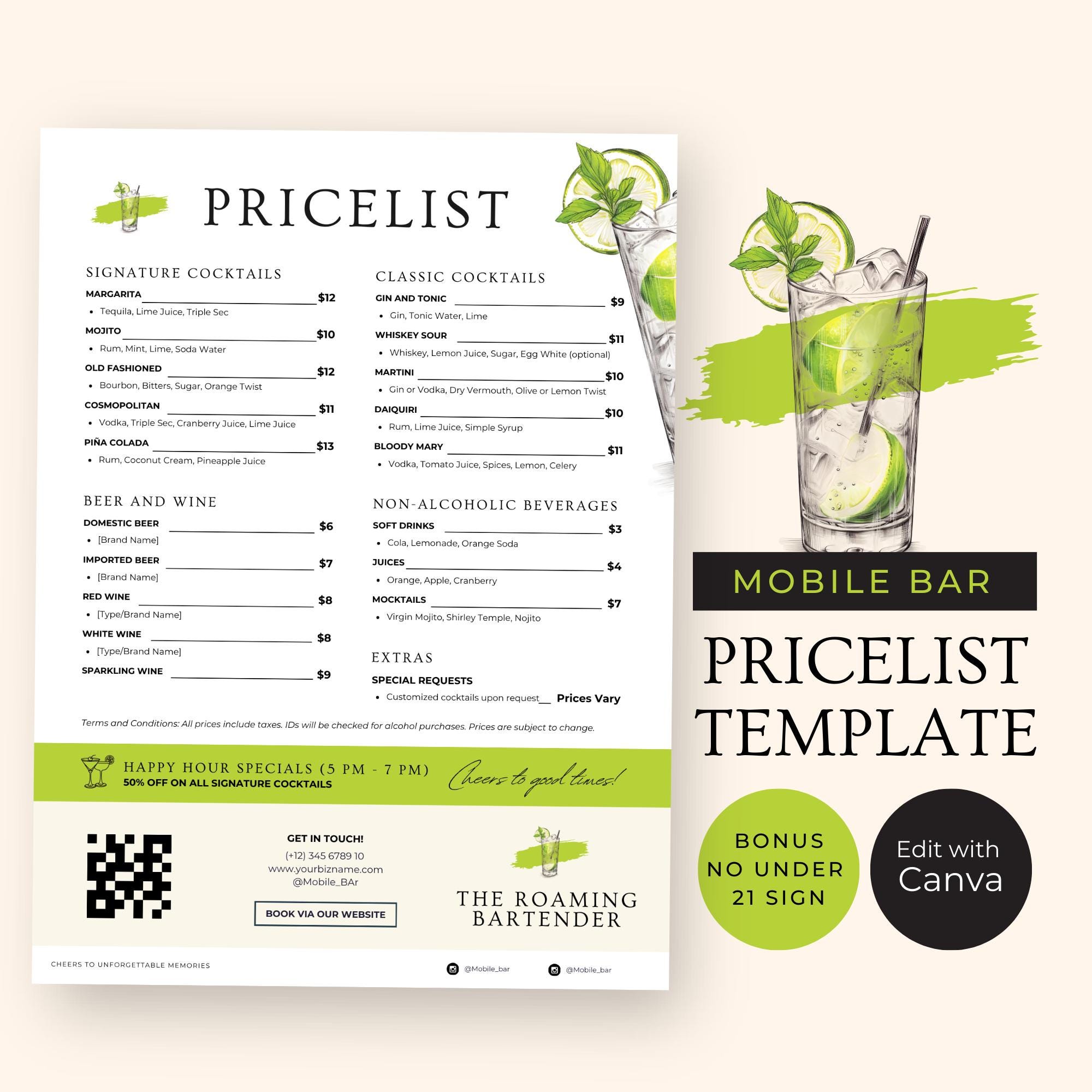 Mobile Bar Price List Template, Customizable Bar Menu, Cocktail Bar ...