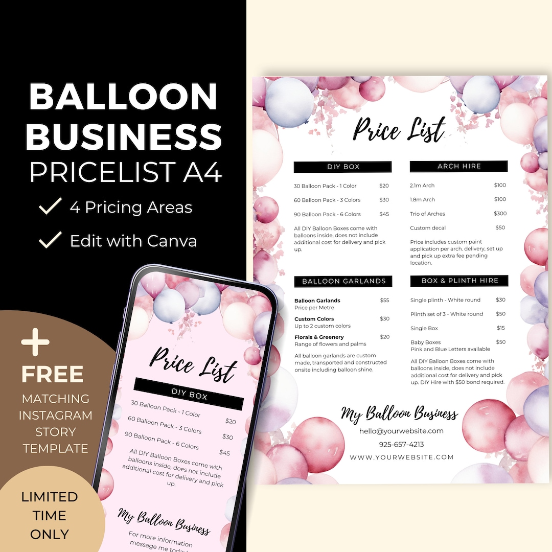 Balloon Business Pricing List A4, Balloon Menu, Balloon Garland Price ...