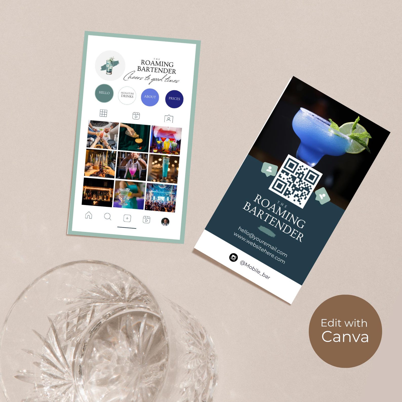 Business Cards Template for a Bar, Mobile Bar Business Card, Minimalist Modern Design, Dark Teal ...