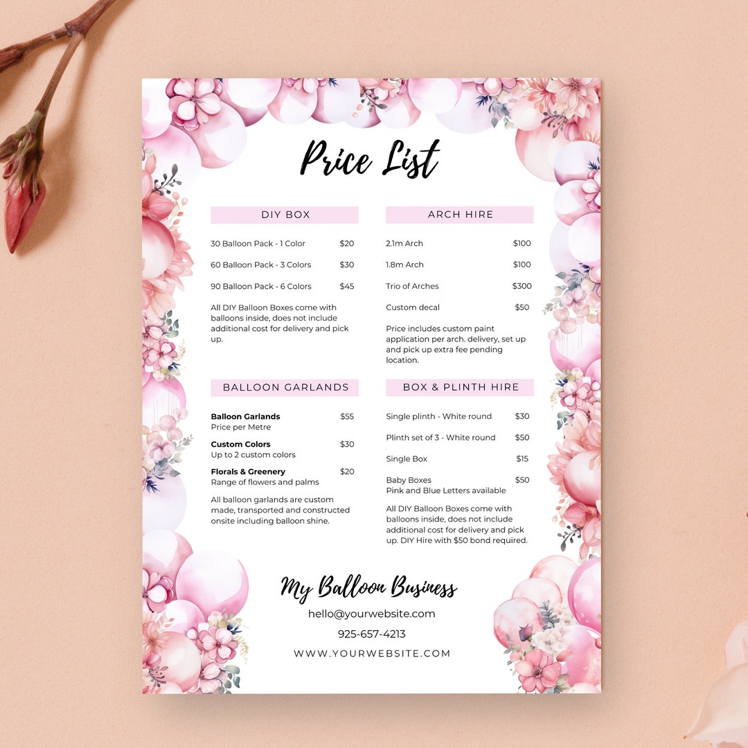 Balloon Business Price List Canva Template, Balloon Services Blush Pink ...