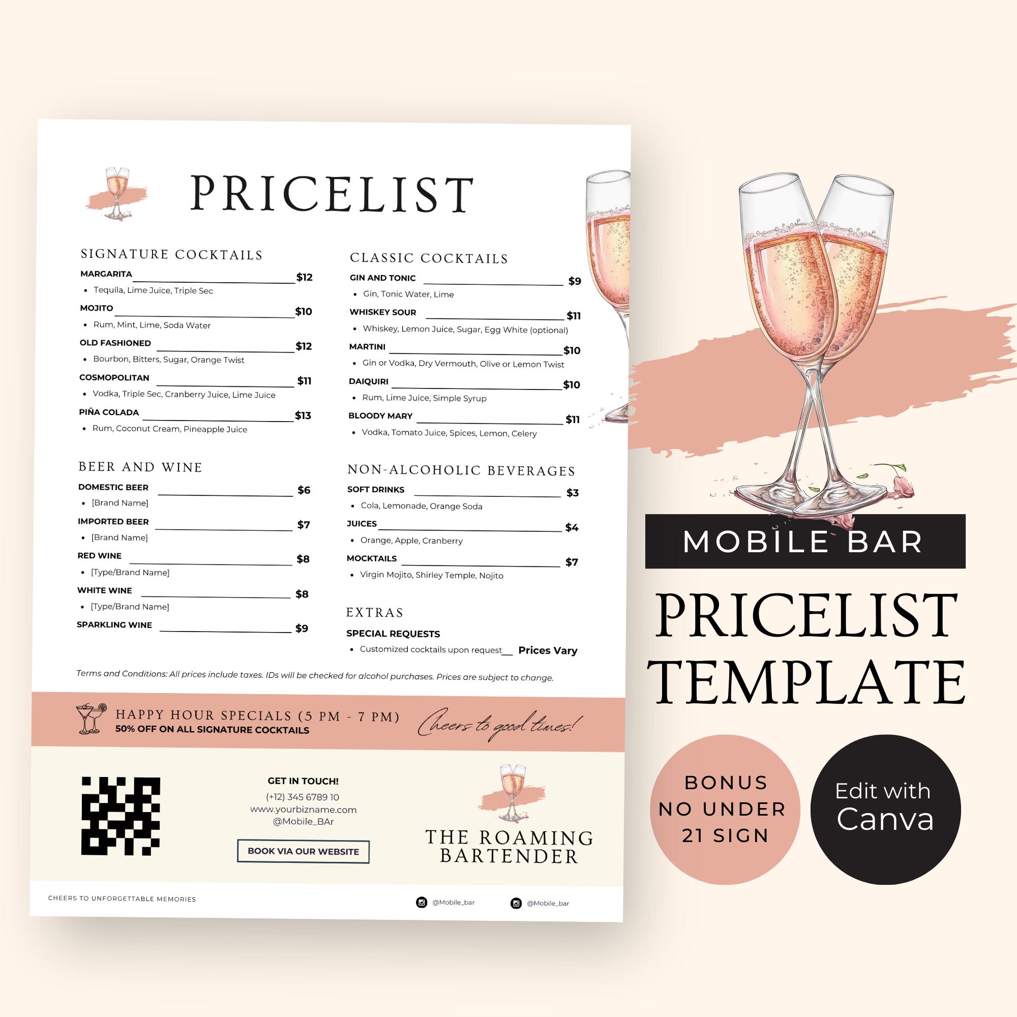 Mobile Bar Price List Template, Customizable Bar Menu, Cocktail Bar ...