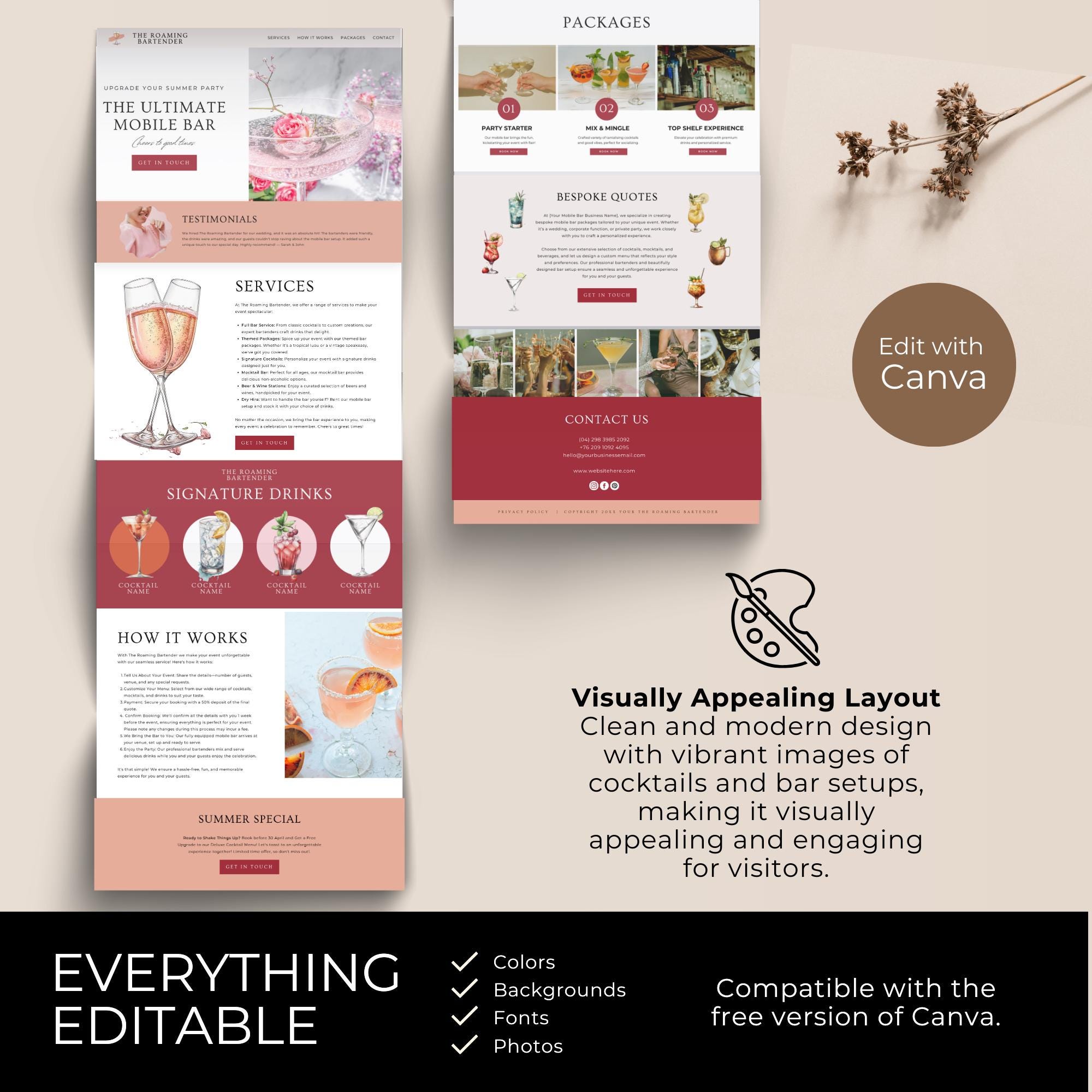Mobile Bar Canva Website, Mobile Bartending Landing Page, DIY Sales ...