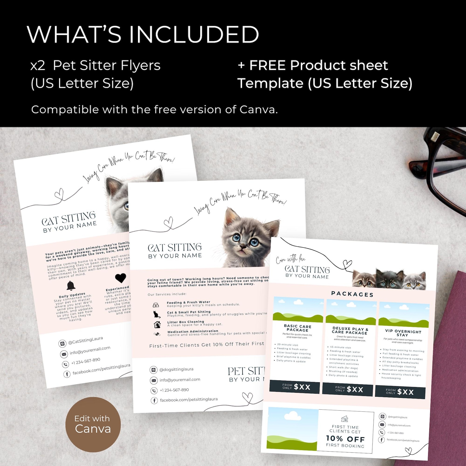 Cat Sitter Flyer Canva Template With Heart, Cats Sitting Sheet, Kitty ...