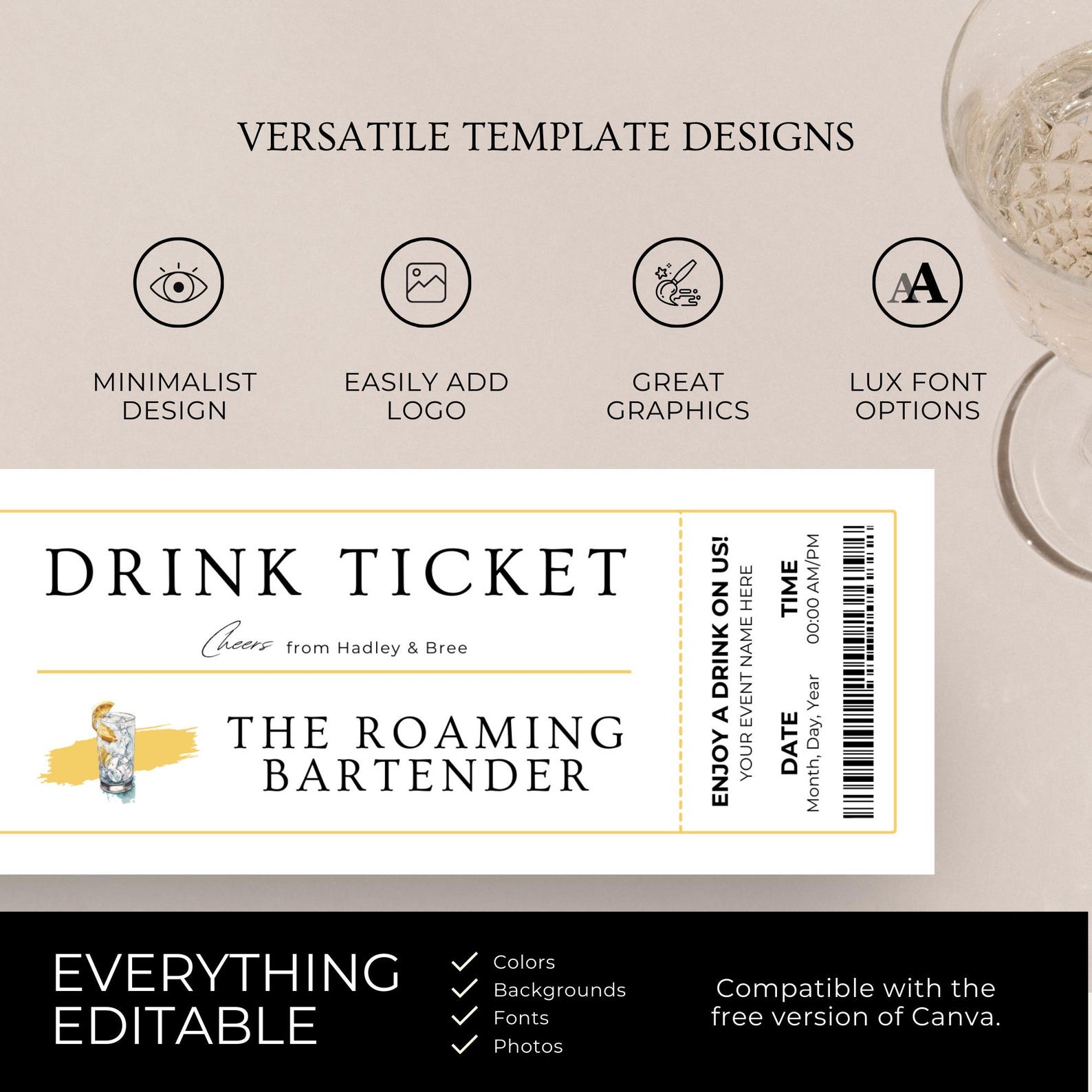 Mobile Bar Drink Ticket Canva Template, Wedding Drinks Token Voucher ...