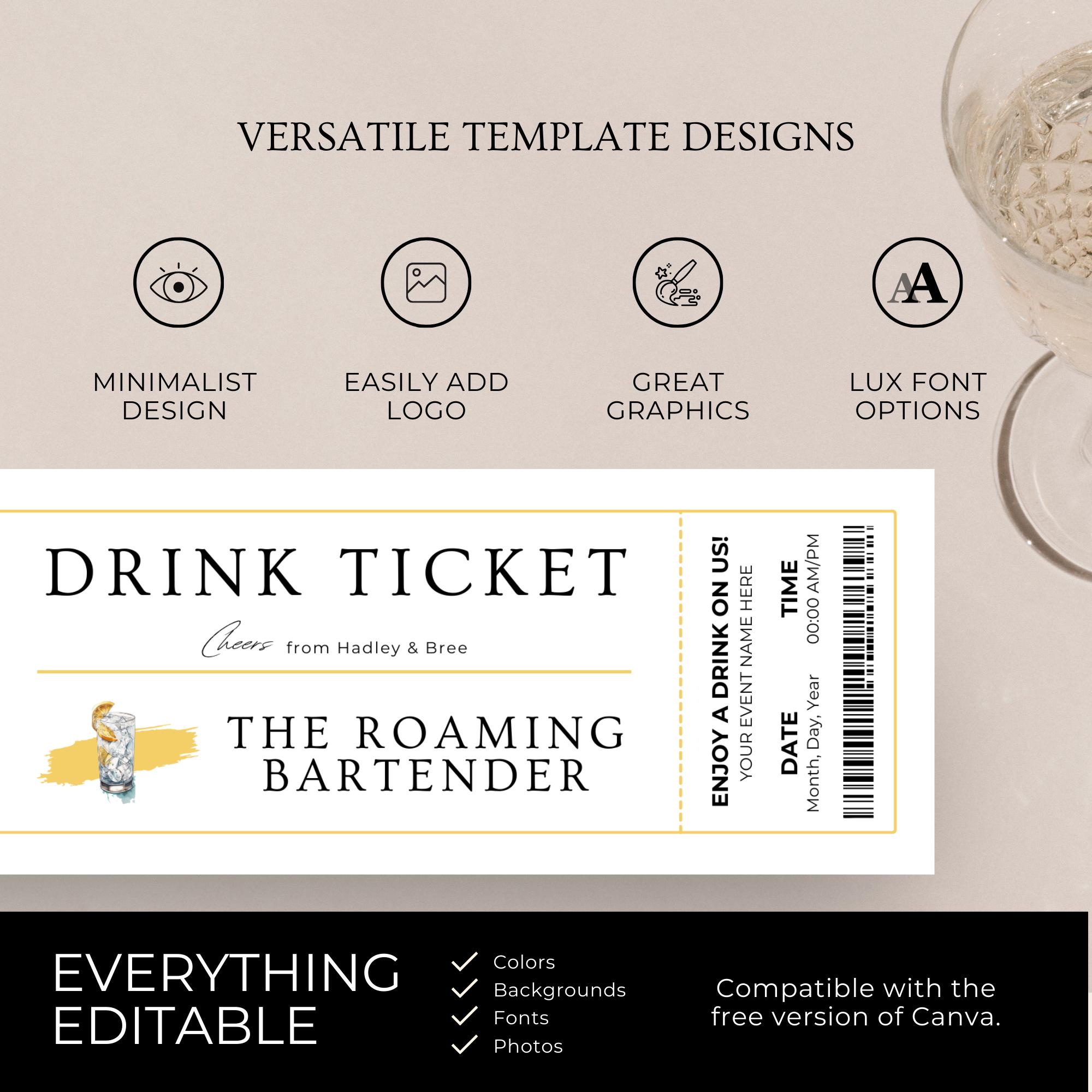 Mobile Bar Drink Ticket Canva Template, Wedding Drinks Token Voucher ...