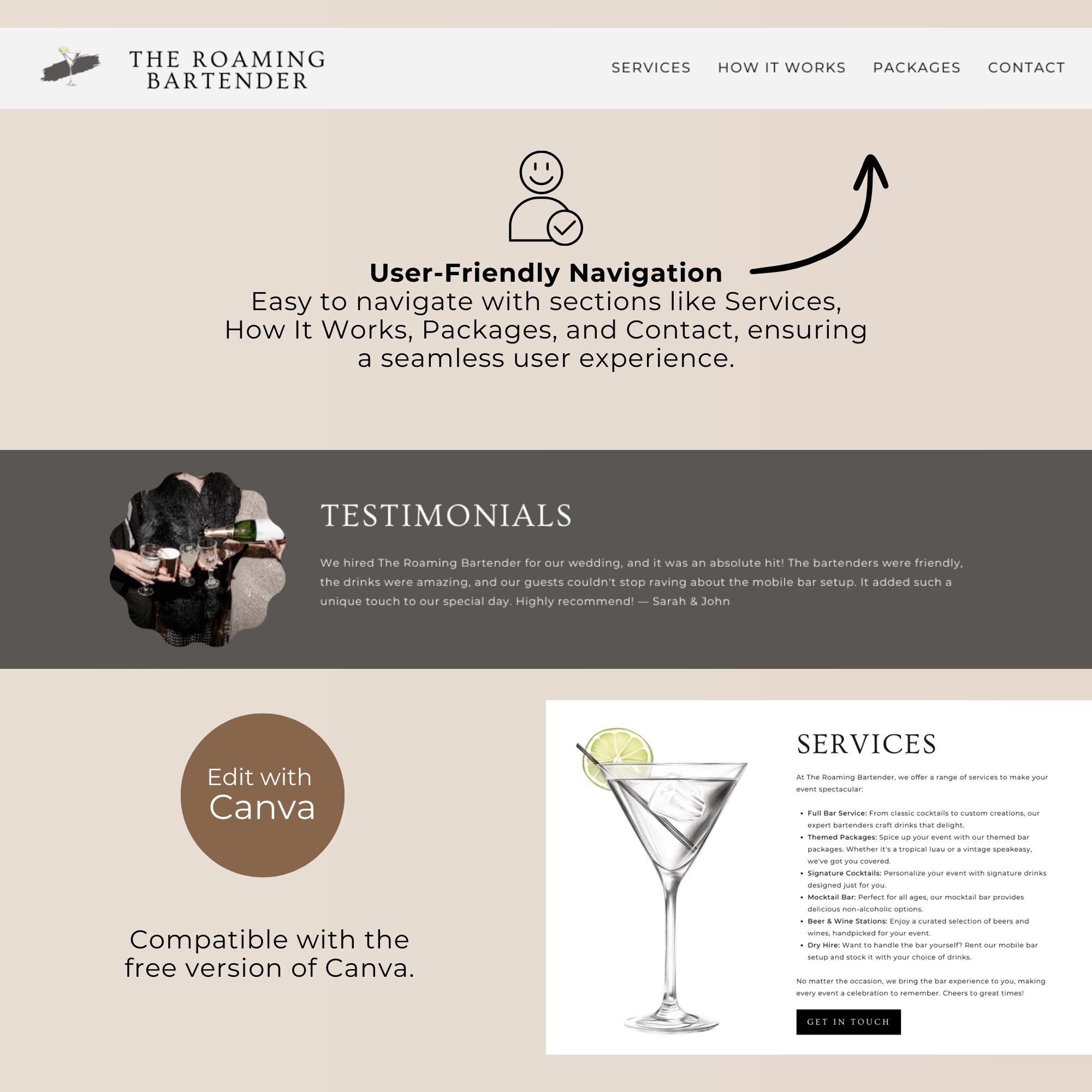 Mobile Bar Canva Website, Mobile Bartending Landing Page, DIY Sales ...