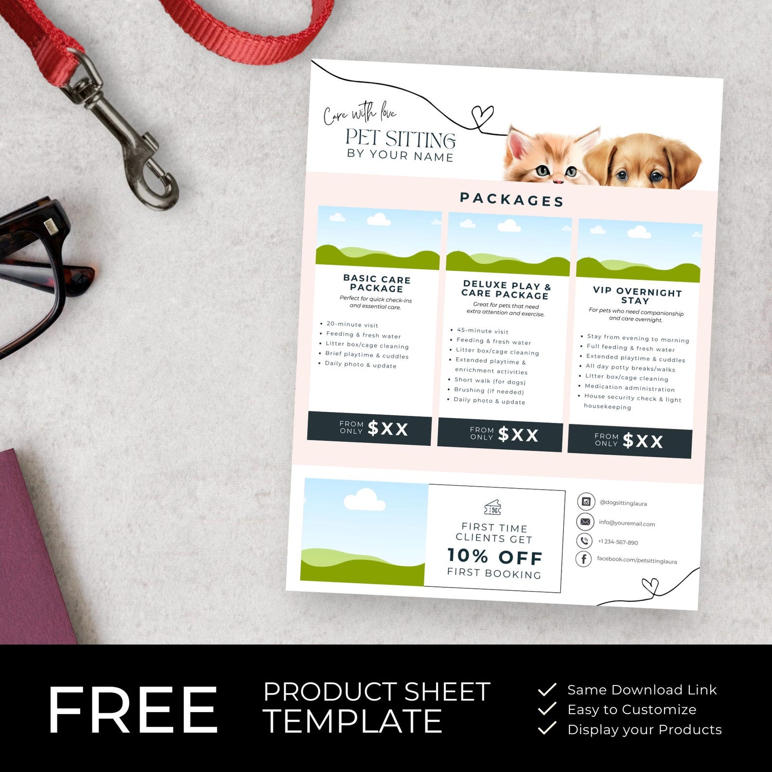 Pet Sitter Flyer Canva Template With Heart, Cat and Dog Sitting Sheet ...