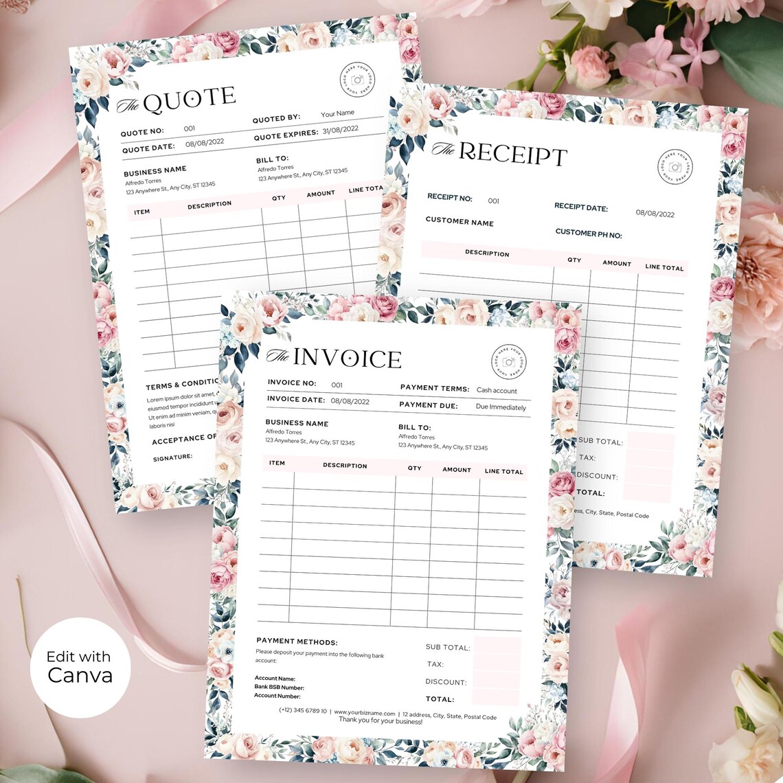 Wedding Florist Invoice Canva Template, Boutique Flower Shop Quotation ...