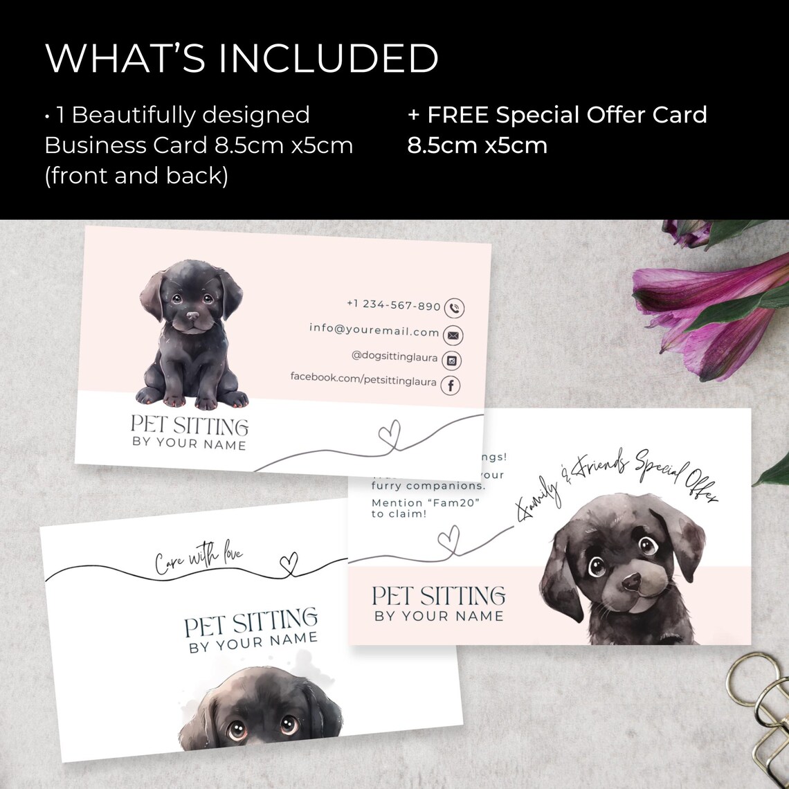 Pet Sitting Business Cards With Heart, Canva Template for Pet Sitter ...